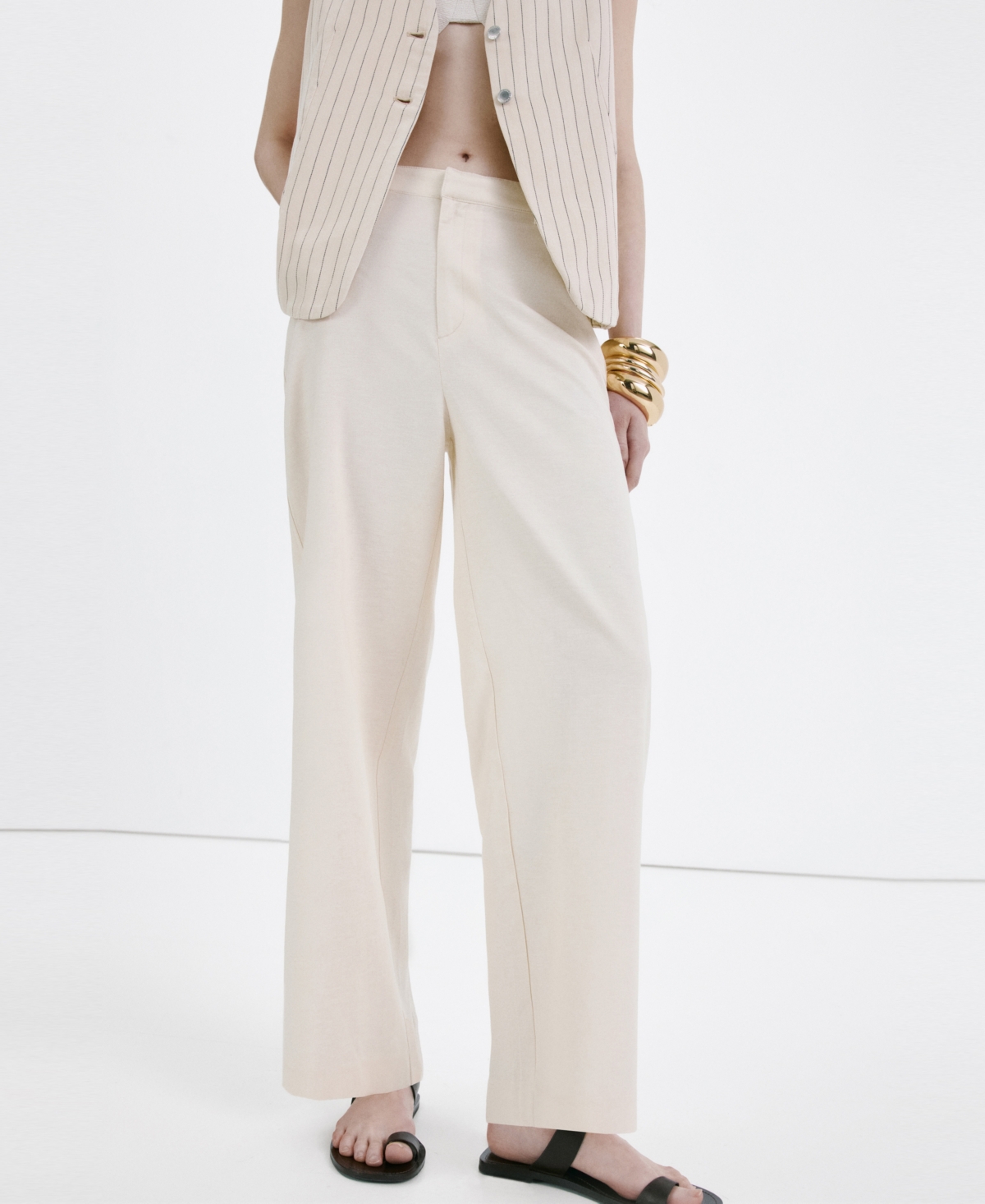 Click here for Mango Womens Linen High-Waist Trousers - Beige prices