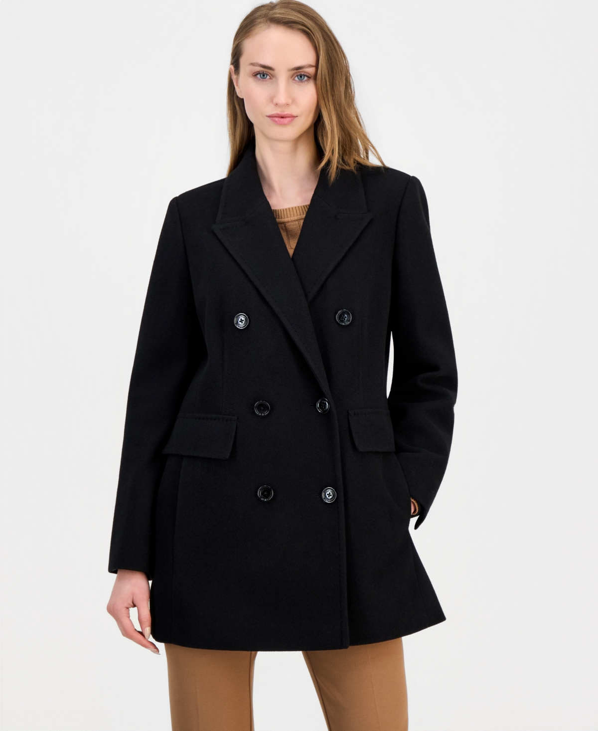 Click here for Anne Klein Petite Double-Breasted Peacoat - Black prices
