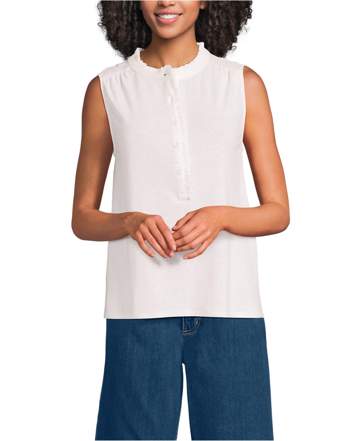 Click here for Lands End Womens Linen Blend Ruffle Trim Tank Top... prices