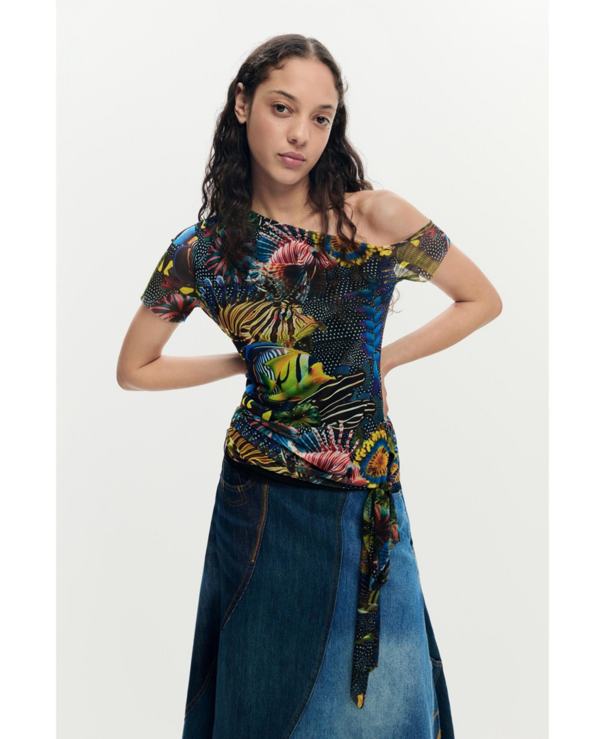 Click here for Desigual Womens Asymmetrical Lacorix T-shirt - Bla... prices