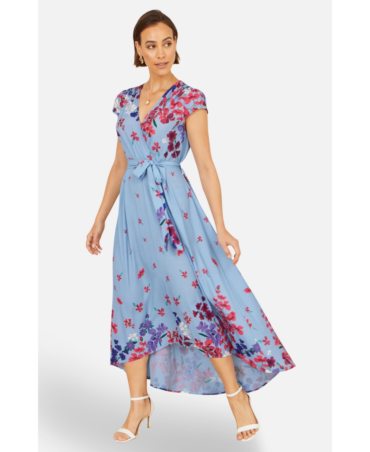 Click here for Yumi Womens Floral Mirror Dip Hem Wrap Dress - Blu... prices