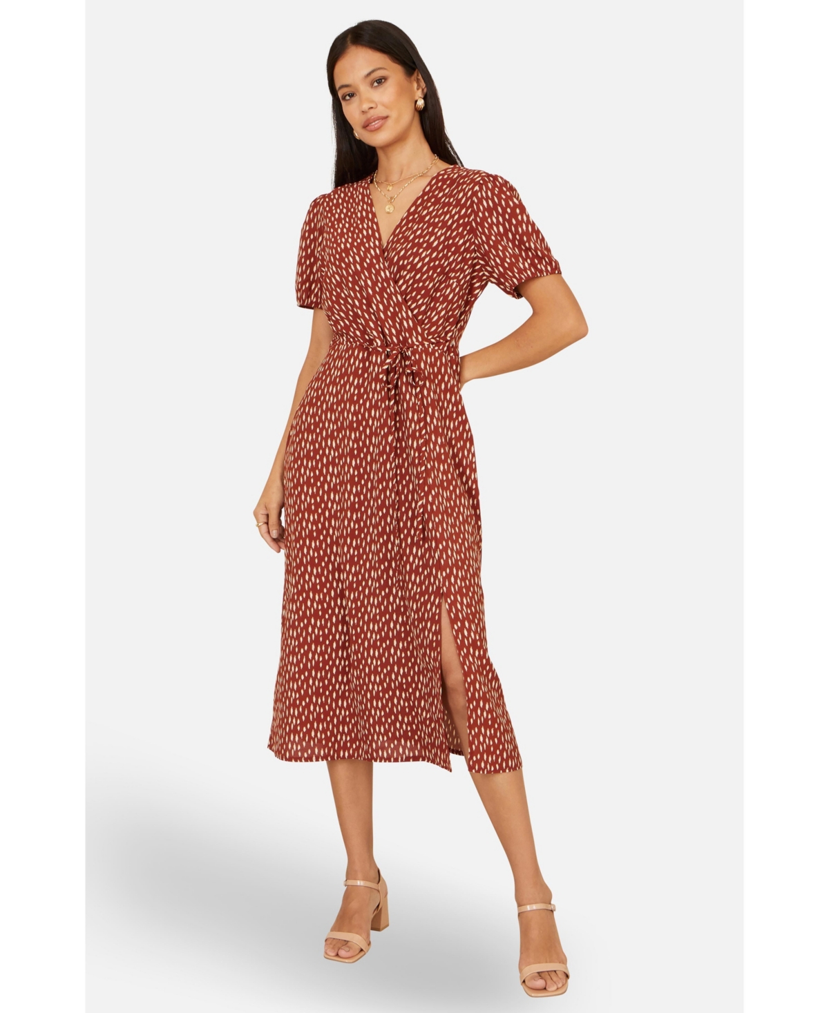 Click here for Yumi Womens Spot Wrap Midi Dress - Brown prices