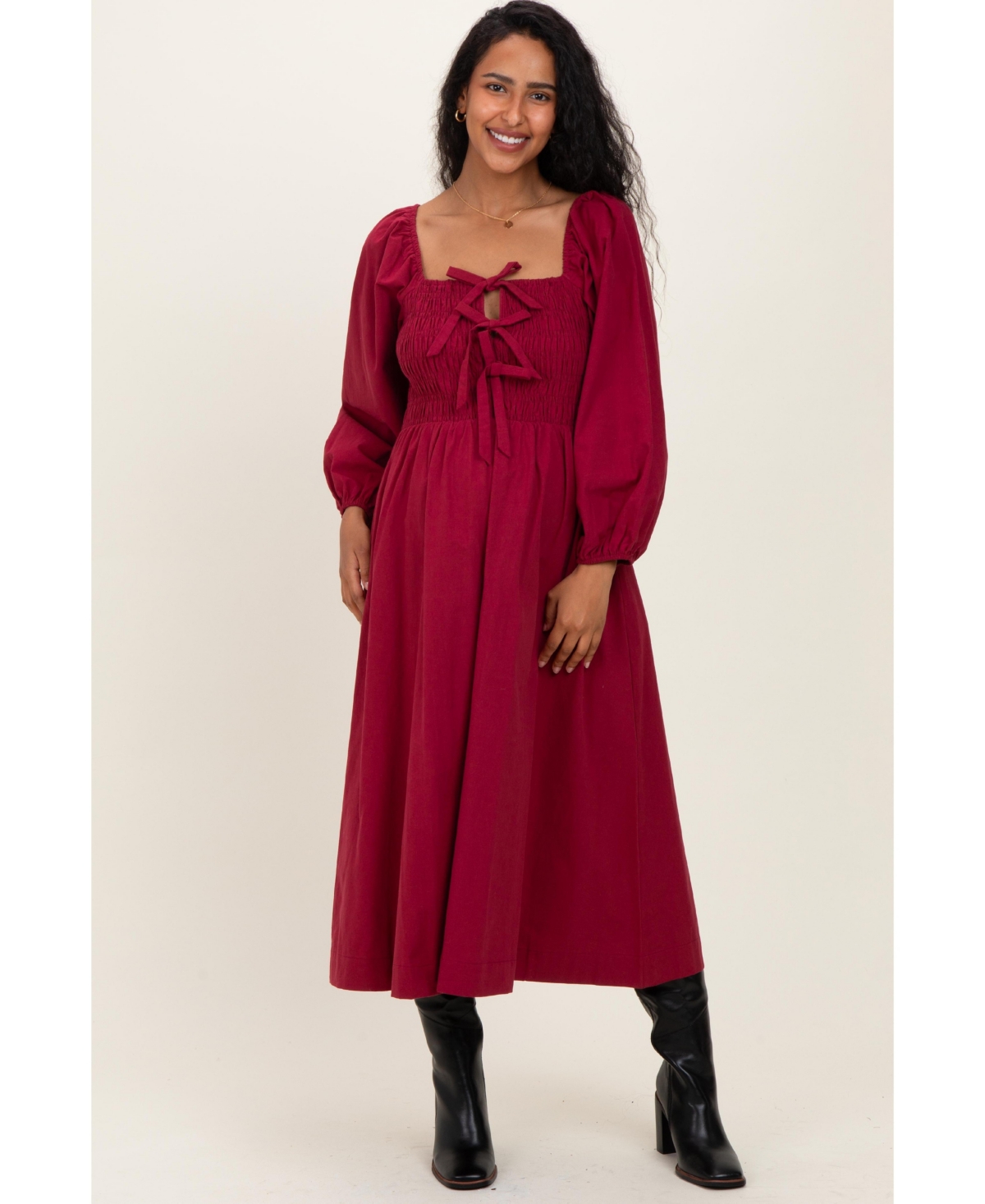 Click here for Pinkblush Maternity Burgundy Bow Detail Smocked Mi... prices