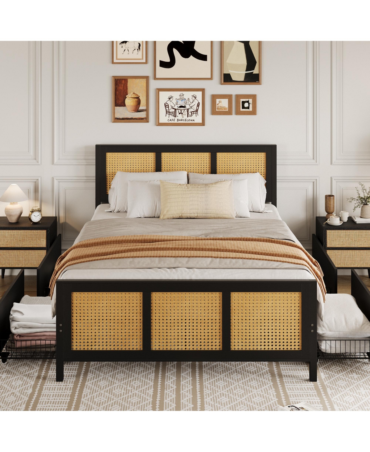 Click here for homfan Rattan Platform Bed Frame with Led Headboar... prices