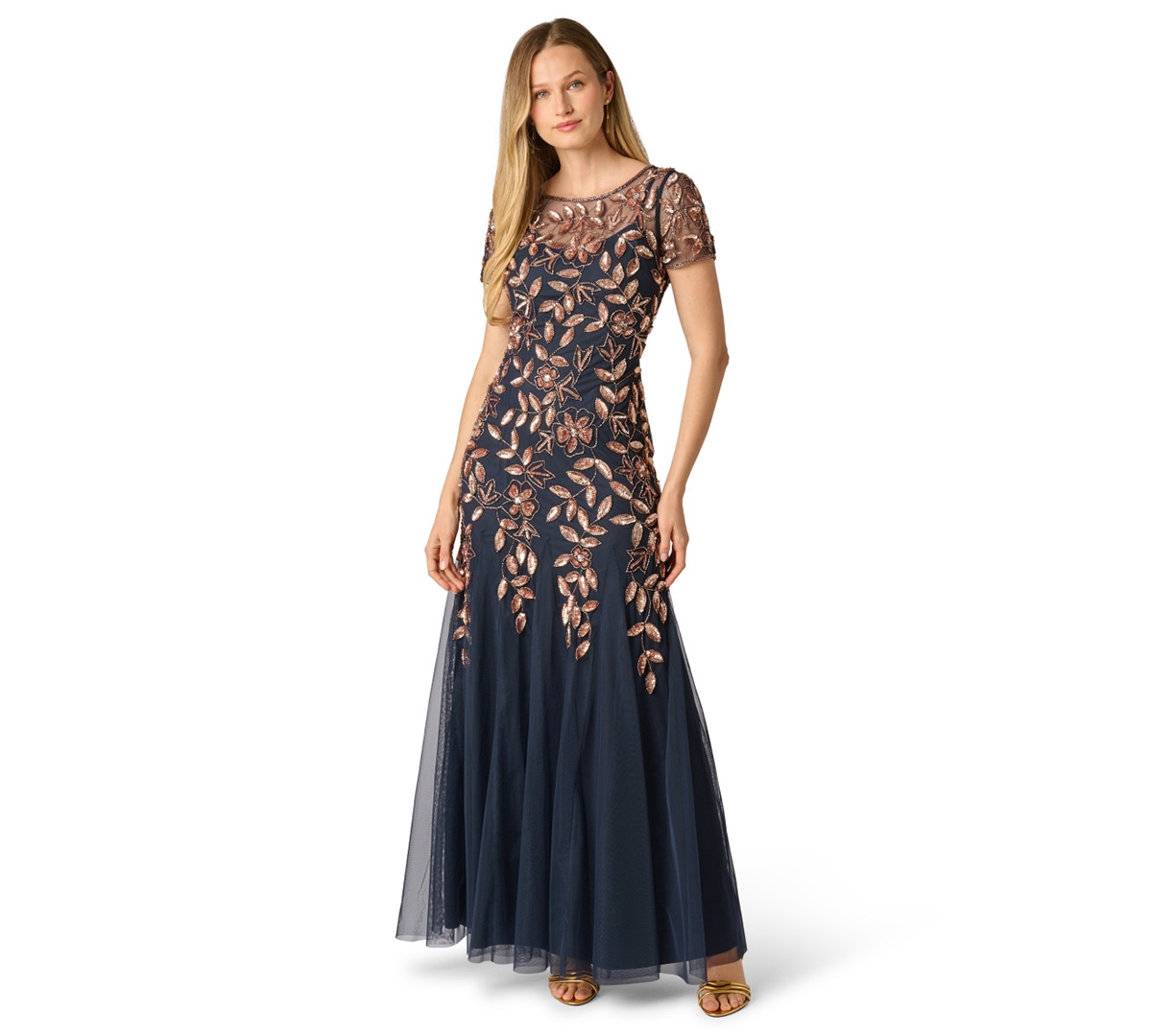 Click here for Adrianna Papell Petite Floral Beaded Gown - NAVY/R... prices