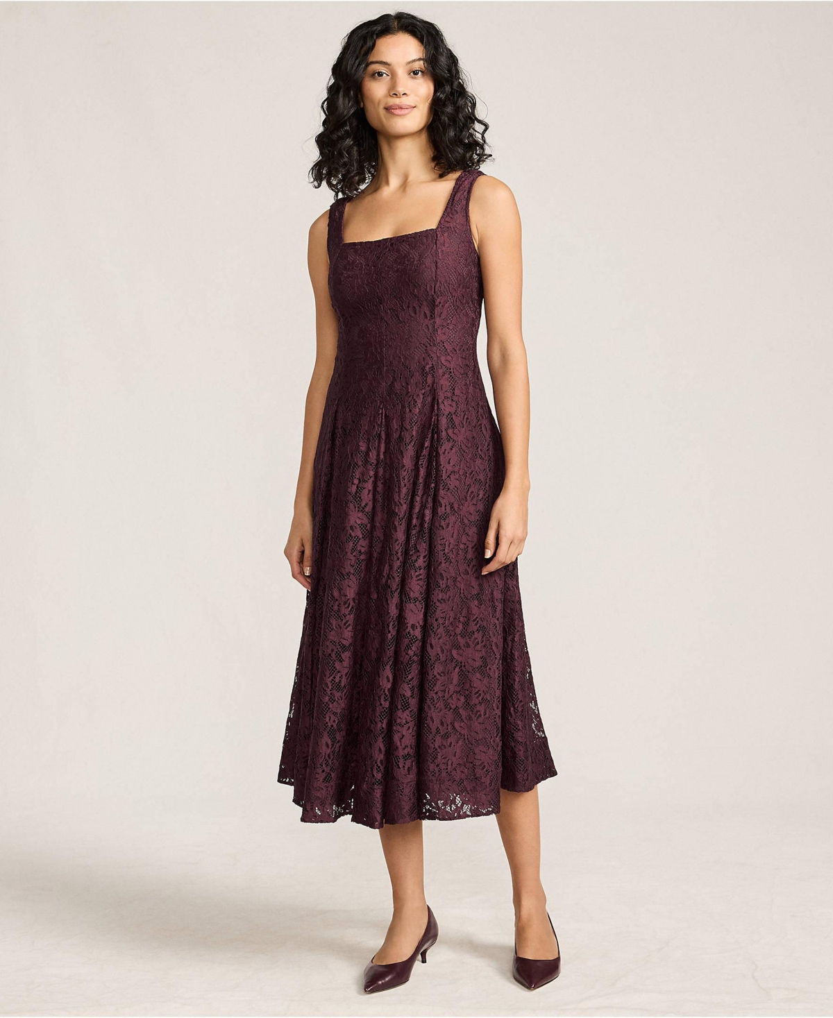 Click here for Lands End Womens Lace Pleated Square Neck Midi Dre... prices