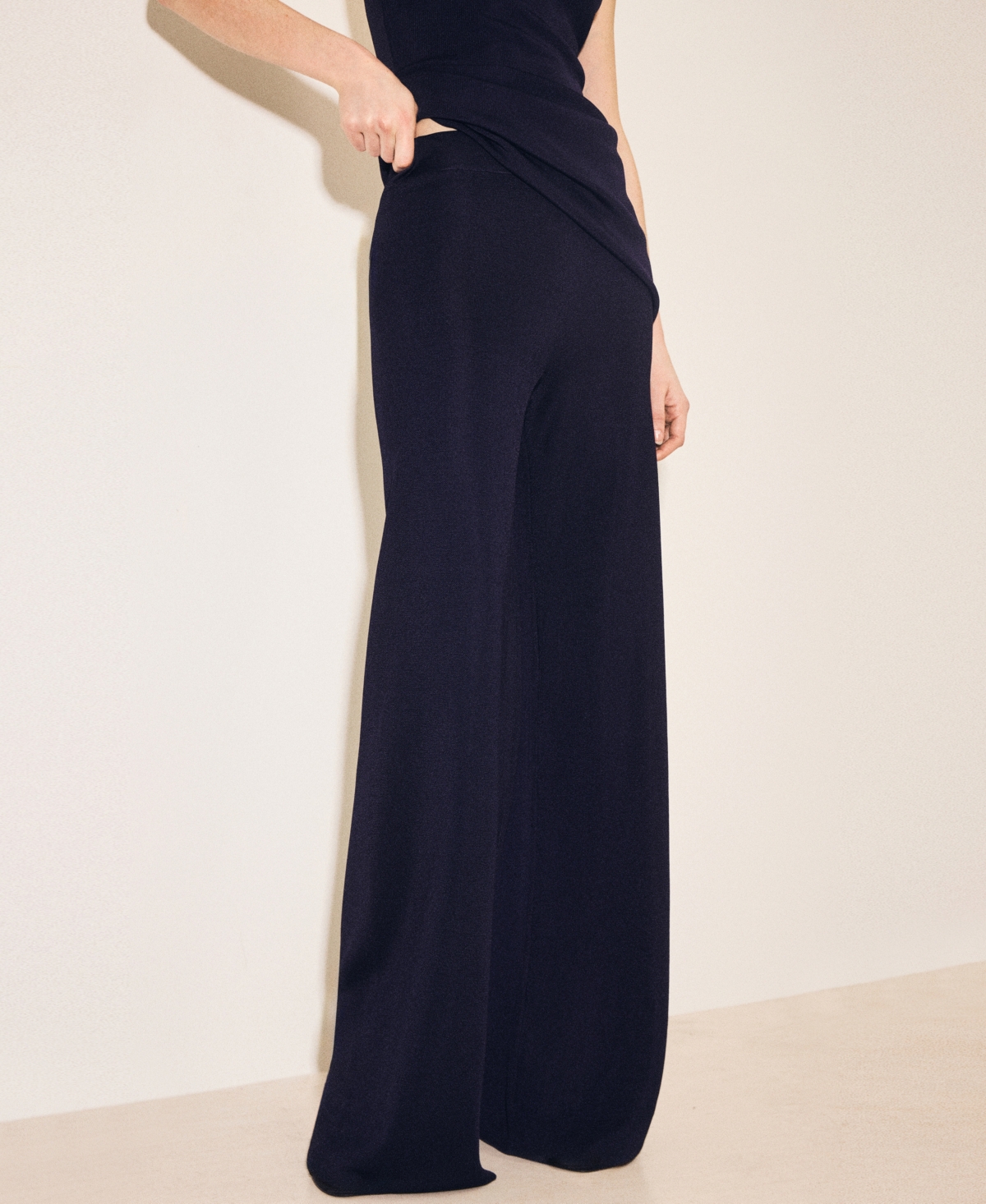 Click here for Mango Womens Knitted Wide Leg Pants - Navy prices