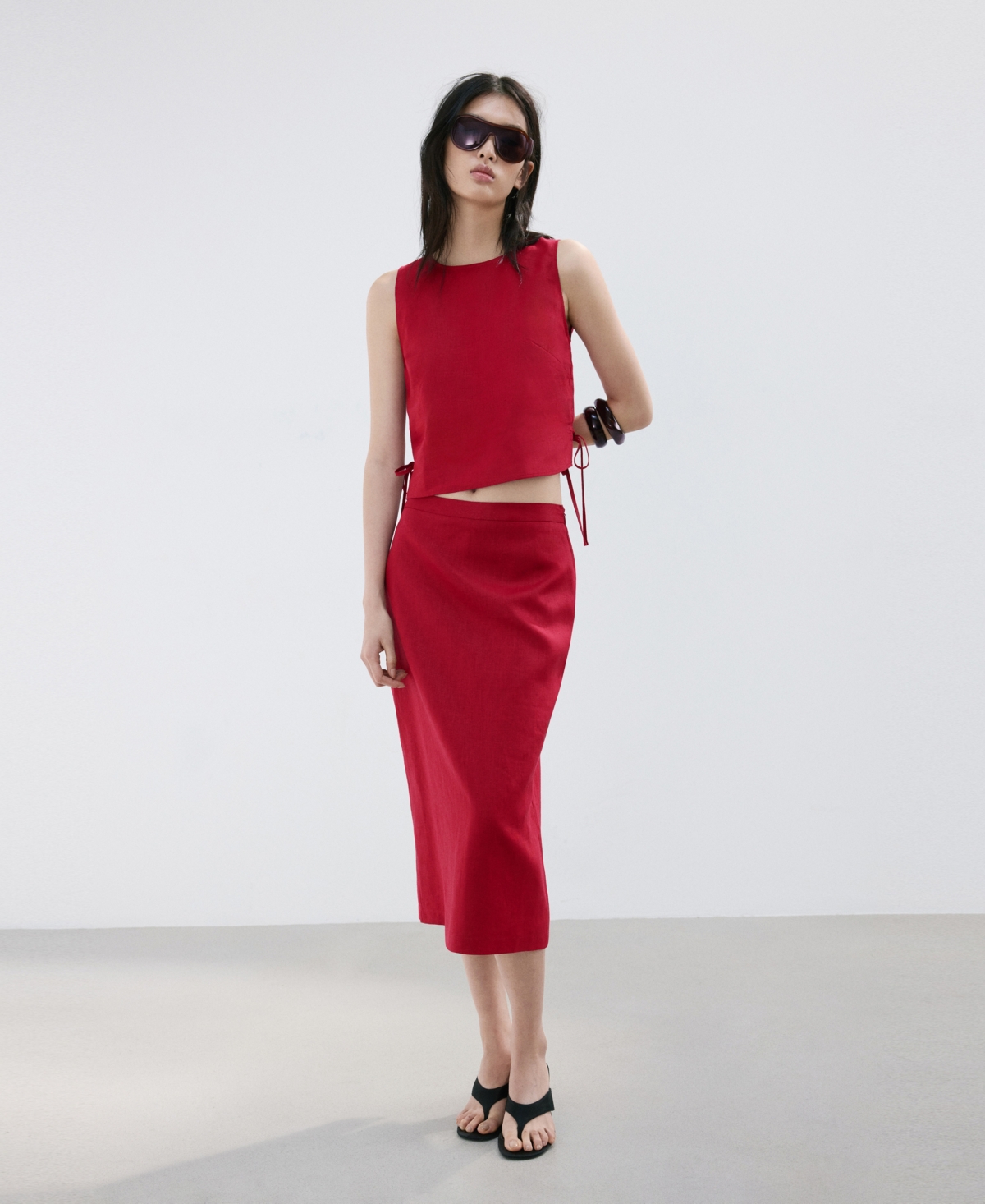 Click here for Mango Womens Bows Linen Top - Red prices