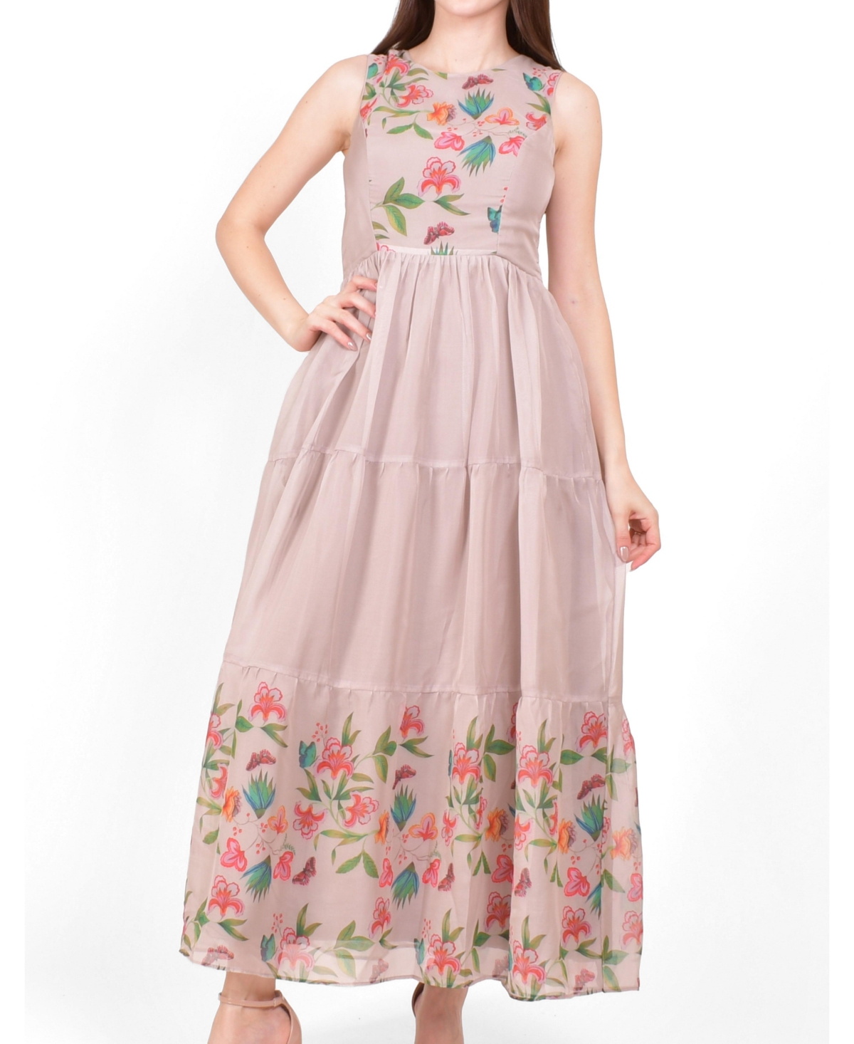 Click here for Raas Womens Floral Organza Tiered Maxi Dress - Blu... prices