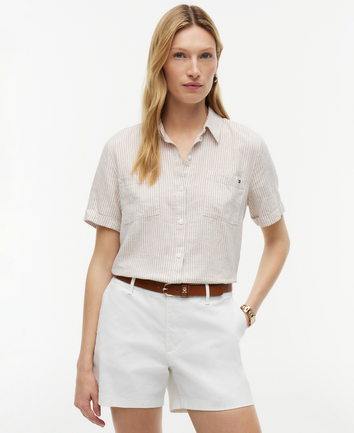 Click here for Tommy Hilfiger Womens Printed Linen Short-Sleeve R... prices