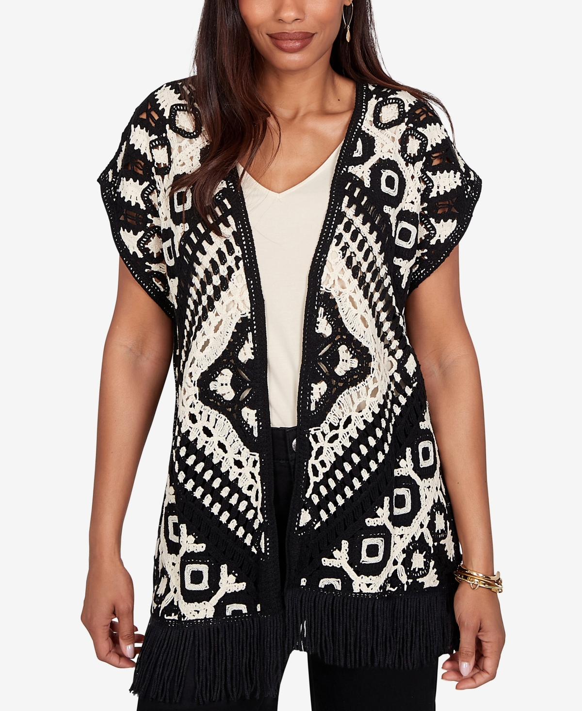 Click here for Ruby Rd. Petite Medallion Crochet Fringe Short-Sle... prices