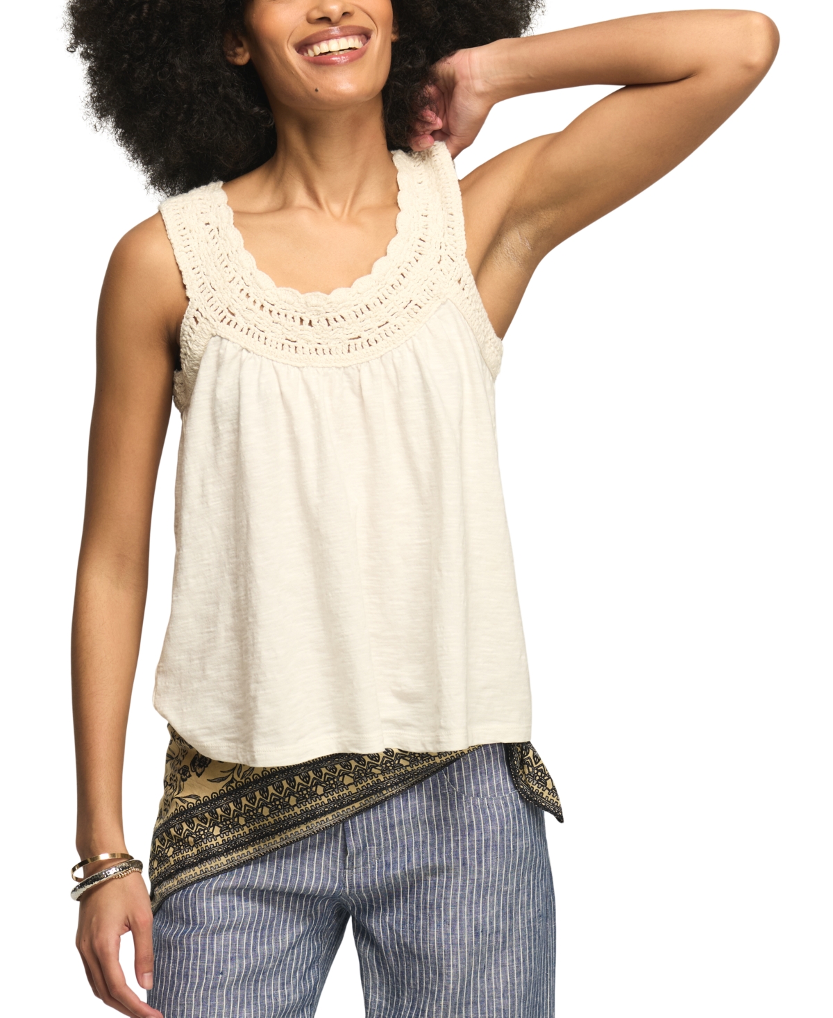Click here for Lucky Brand Womens Crochet Trim Scoop Neck Swing T... prices