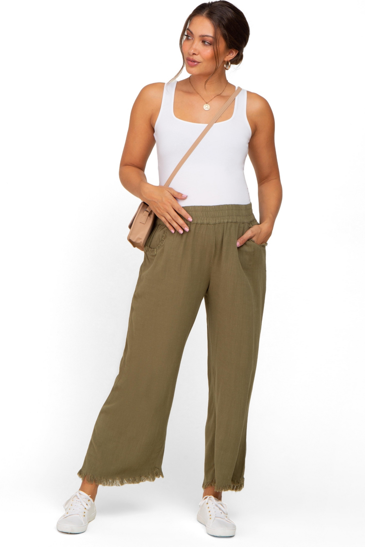 Click here for Pinkblush Maternity Olive Linen Frayed Hem Crop Pa... prices