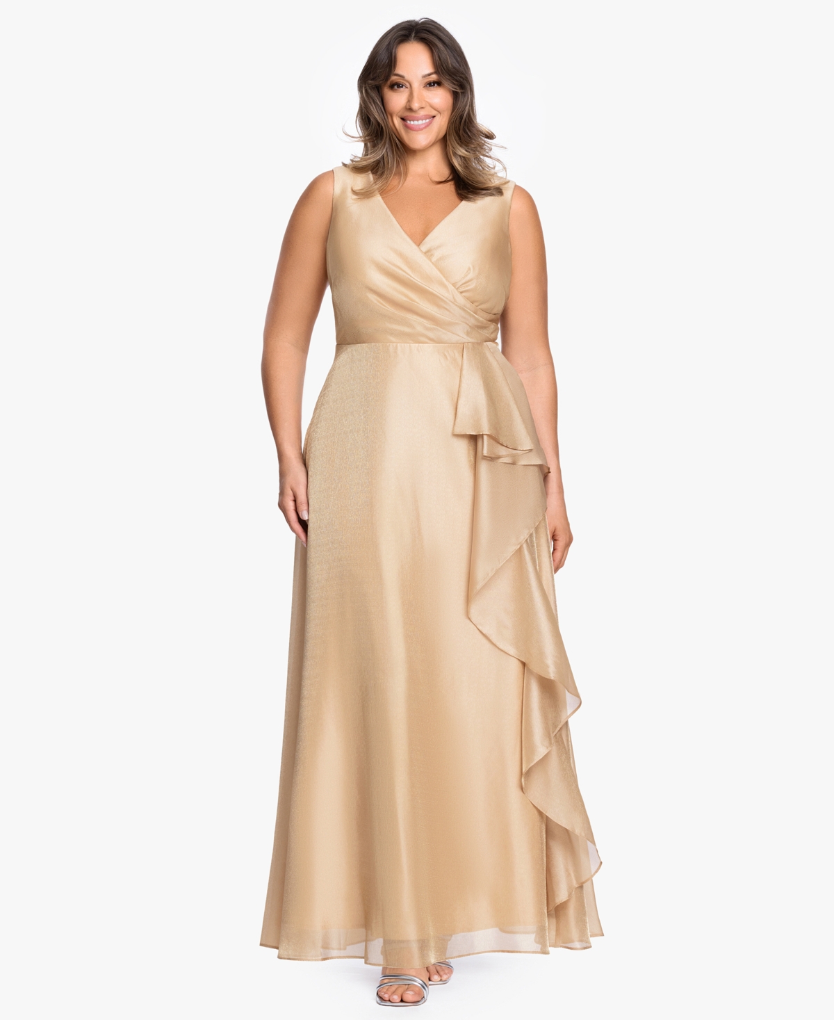 Click here for Xscape Plus Size V-Neck Jacquard Ruffle Gown - Gol... prices