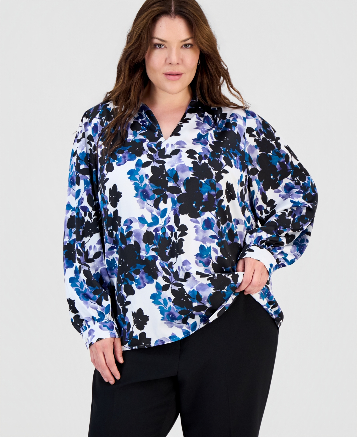 Click here for Kasper Plus Size Printed V-Neck Blouson-Sleeve Blo... prices