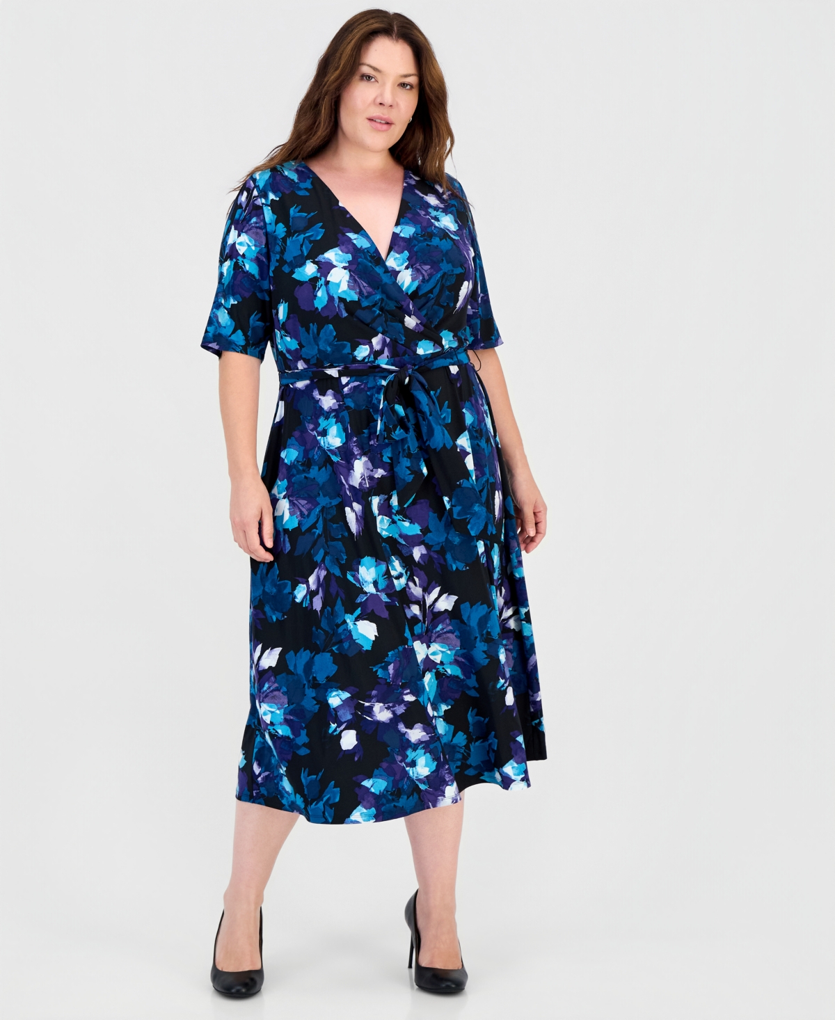 Click here for Kasper Plus Size Floral Fit & Flare Faux-Wrap Midi... prices