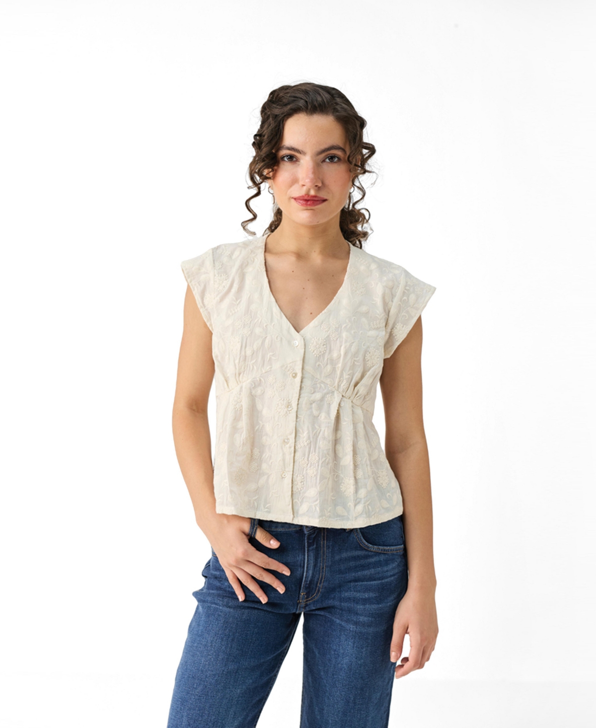 Click here for Reistor Womens Cream Embroidered Deep V-Neck Top -... prices