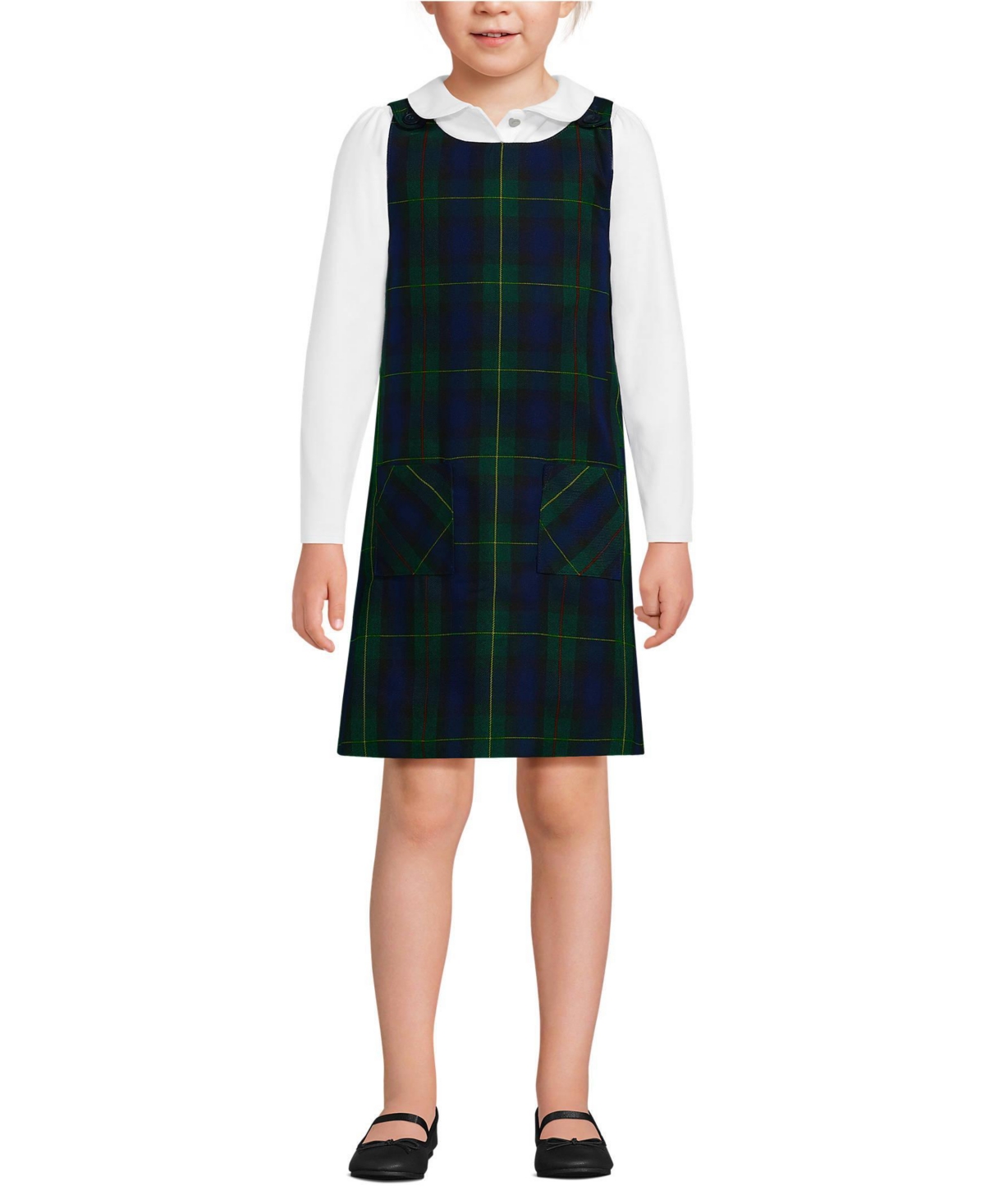 Click here for Lands End Big Girls Plaid Button Shoulder Patch Po... prices