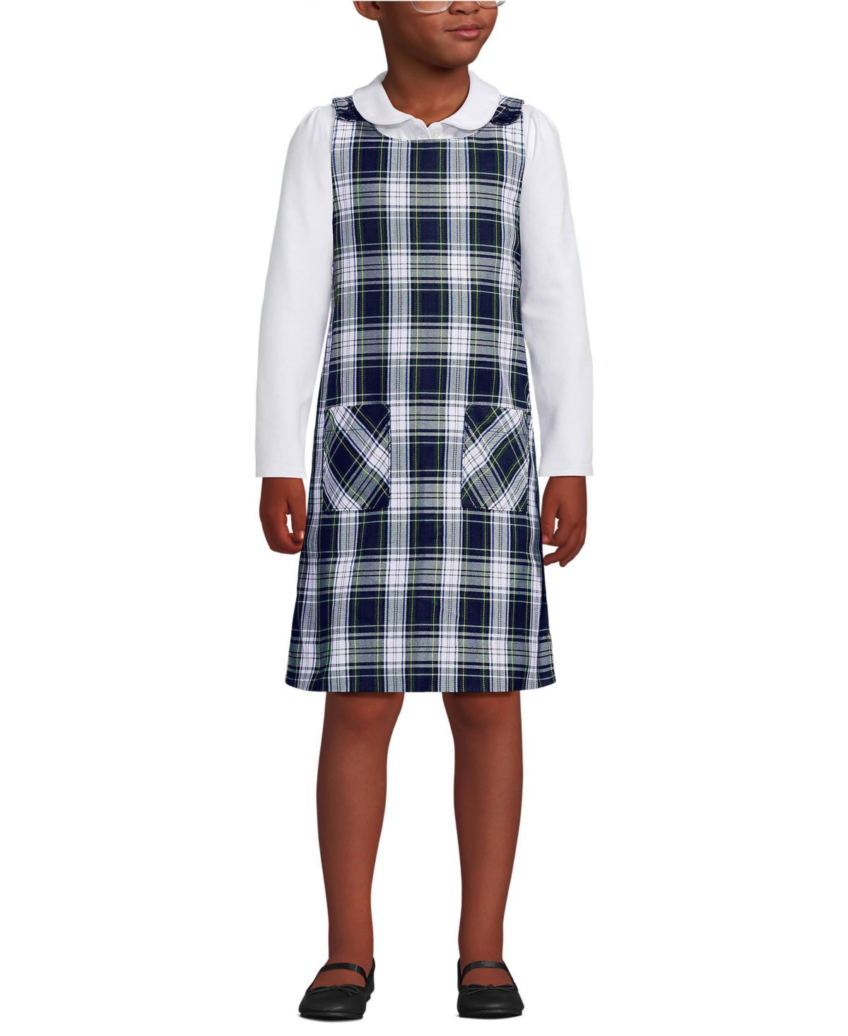 Click here for Lands End Big Girls Plaid Button Shoulder Patch Po... prices