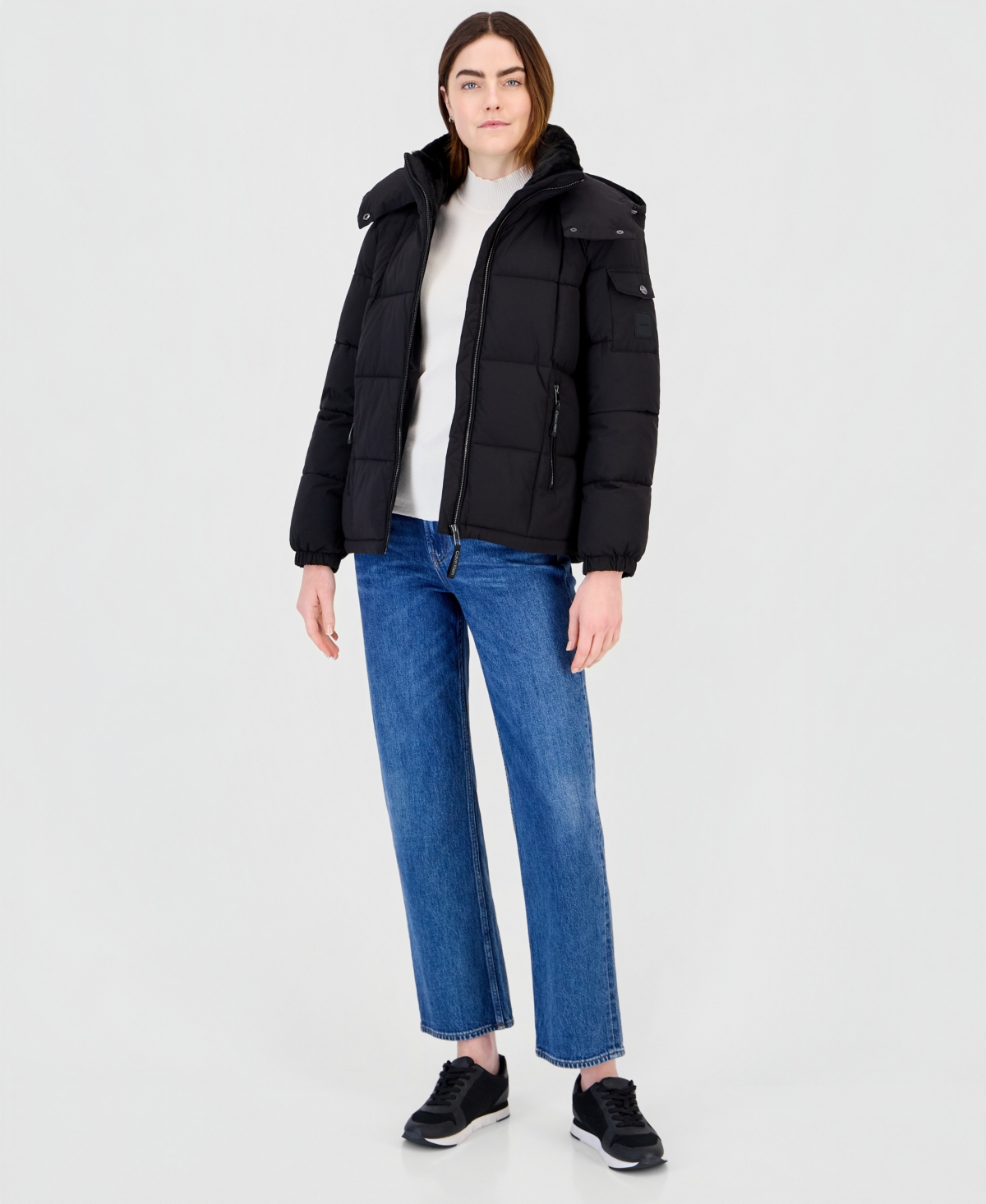 Click here for Calvin Klein Womens Hooded Short Faux Fur Collar P... prices