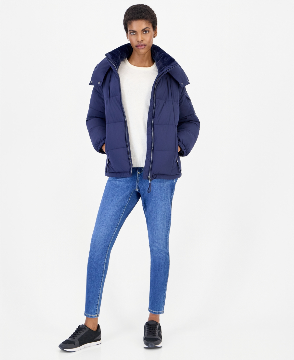 Click here for Calvin Klein Womens Hooded Short Faux Fur Collar P... prices