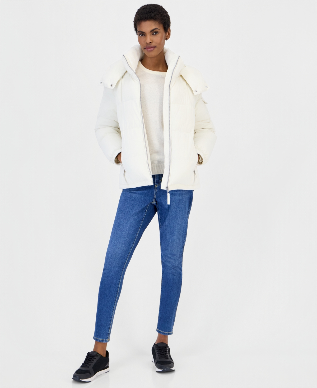 Click here for Calvin Klein Womens Hooded Short Faux Fur Collar P... prices