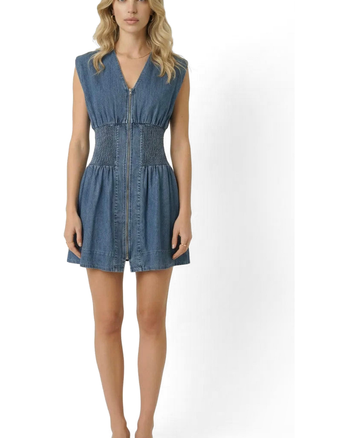 Click here for Modenaire Womens Denim Cap-Sleeve Smocked-Waist Mi... prices