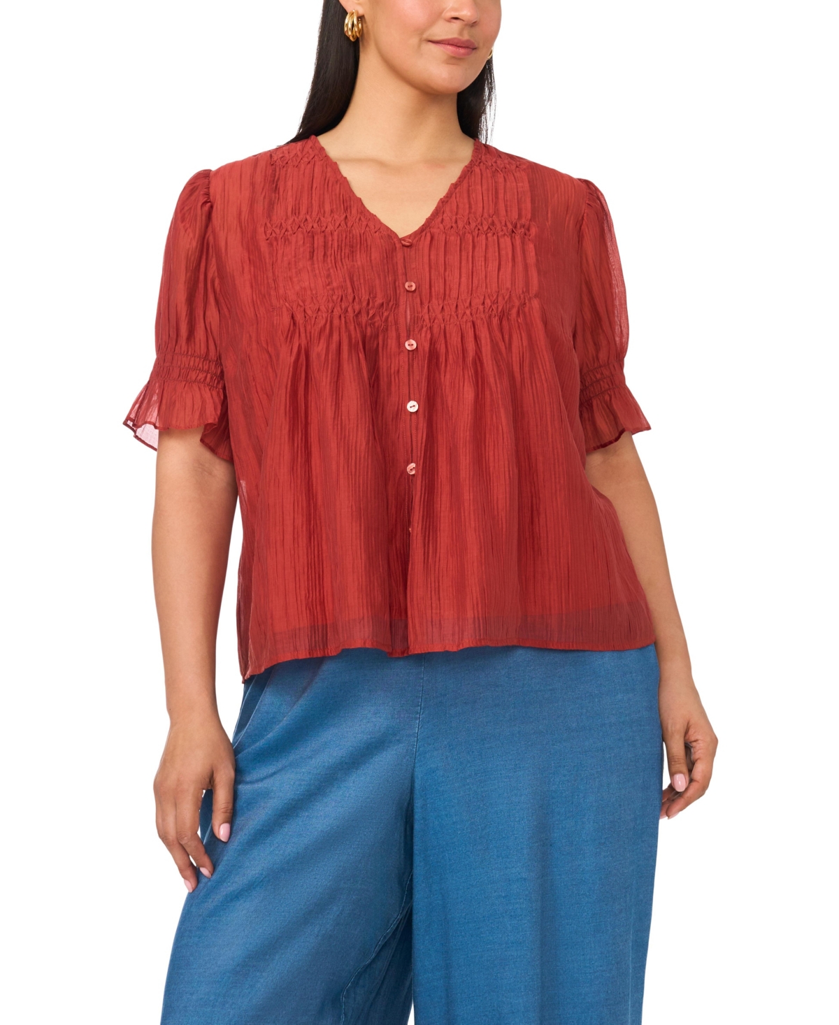 Click here for Vince Camuto Plus Size V-Neck Puff-Sleeve Pintuck... prices