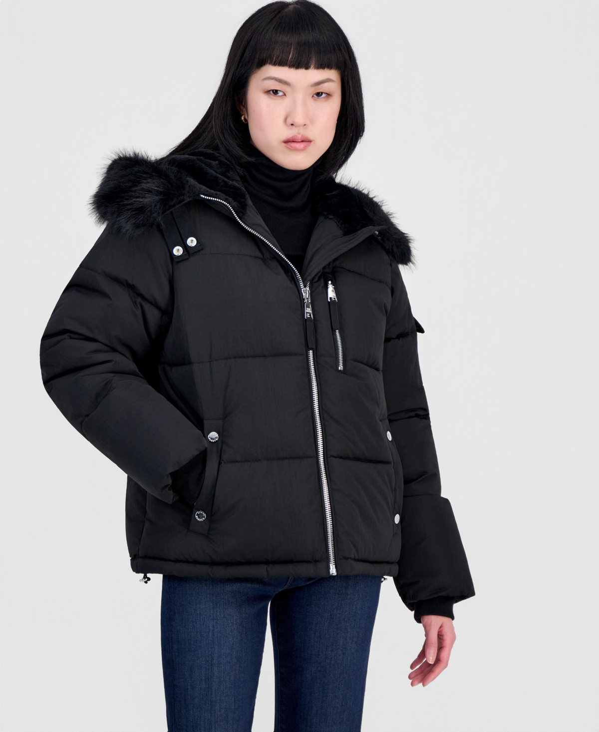 Click here for Steve Madden Womens Hooded Faux-Fur-Trim Puffer Ja... prices