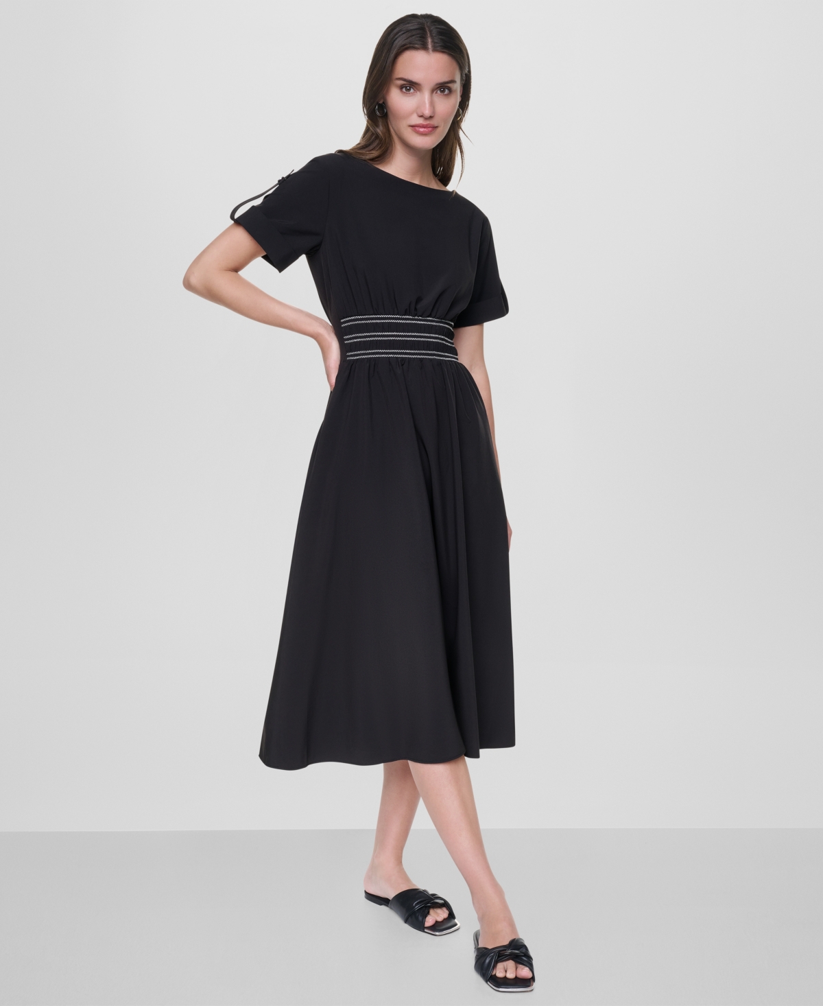 Click here for Dkny Womens Smocked Waist Midi Dress - Black prices
