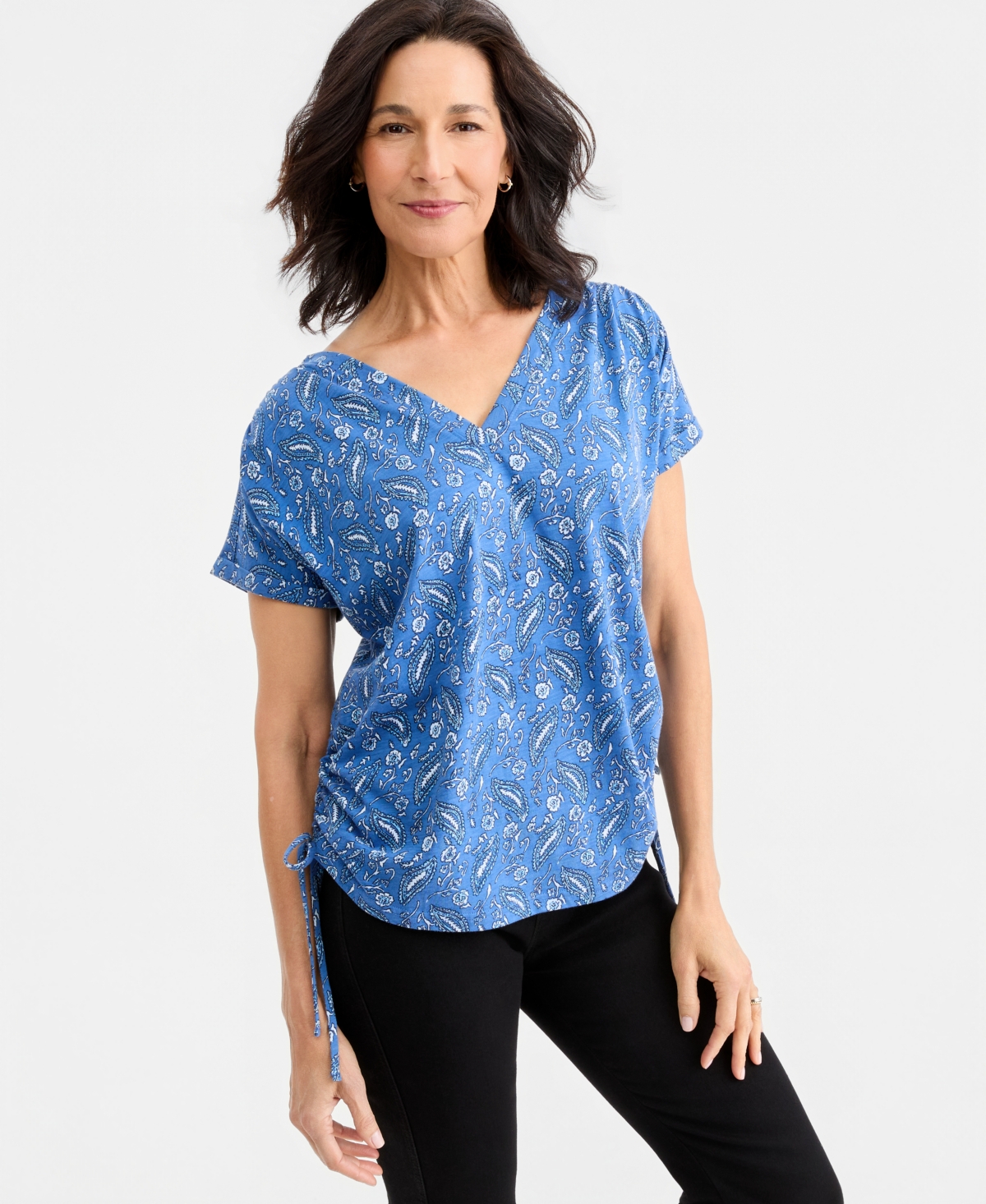 Click here for Style & Co Womens Printed Ruched Tie-Hem V-Neck To... prices