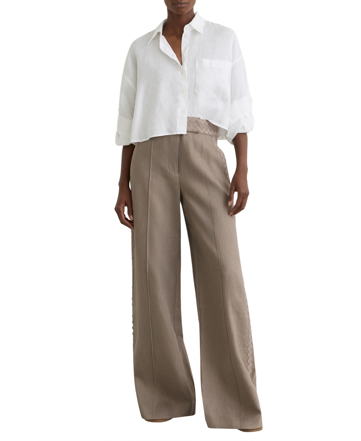Click here for Reiss Womens Linen Wave-Trim Wide-Leg Pants - Taup... prices