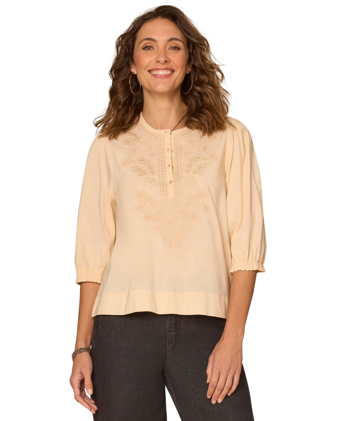 Click here for Democracy Petite Embroidered Woven Top - Macadamia prices