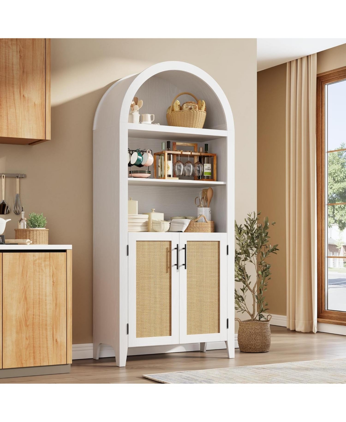 Click here for gaomon Arched Pantry Cabinet with Rattan Accent  5... prices