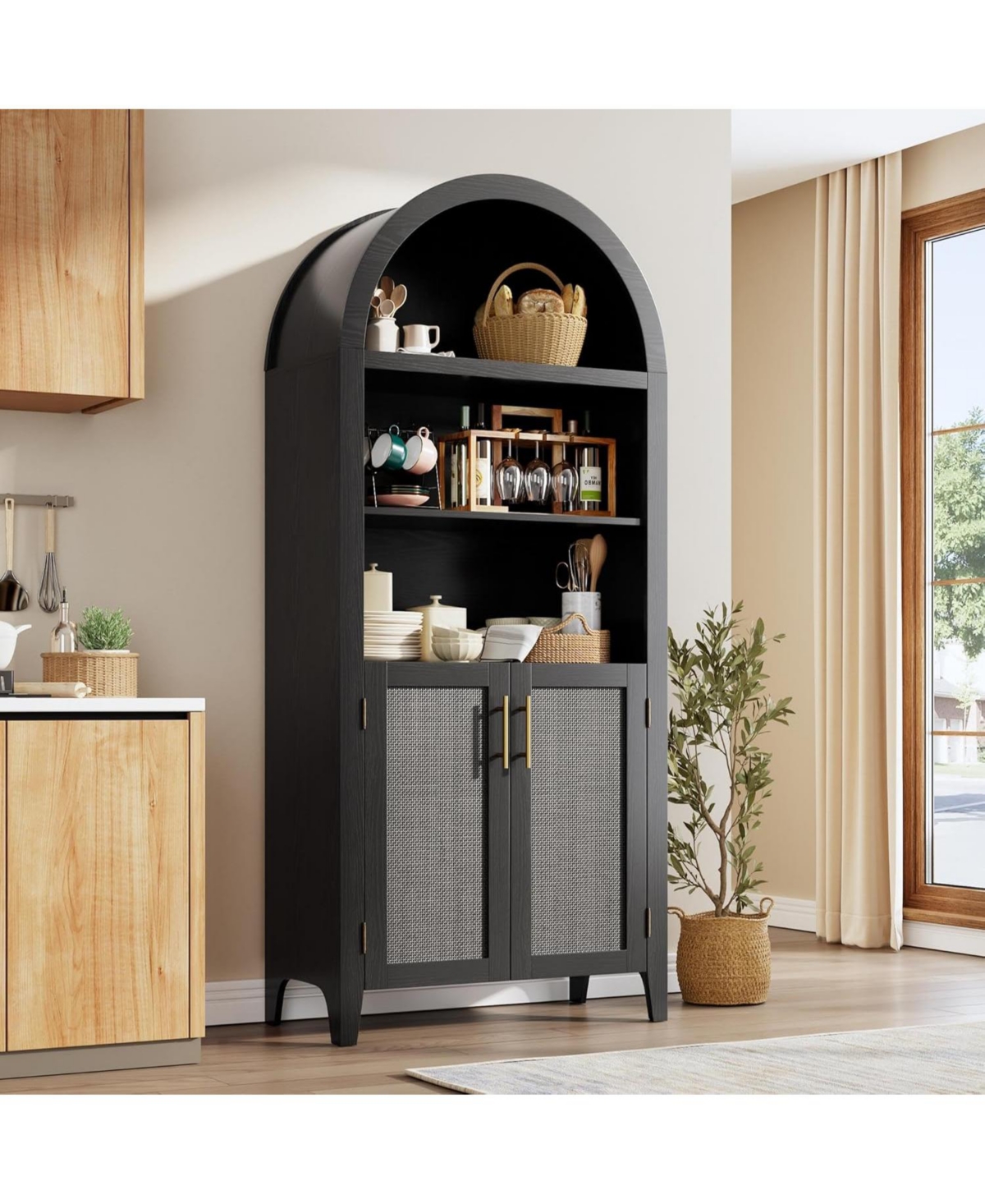 Click here for gaomon Arched Pantry Cabinet with Rattan Accent  5... prices