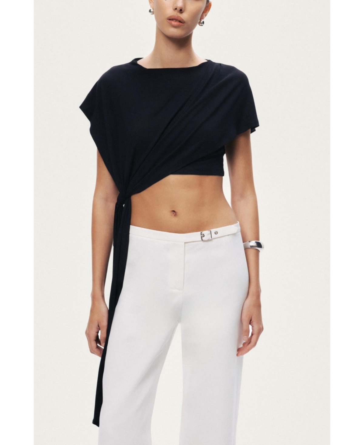 Click here for Nocturne Womens Asymmetric Tie-Front Crop Top - Bl... prices
