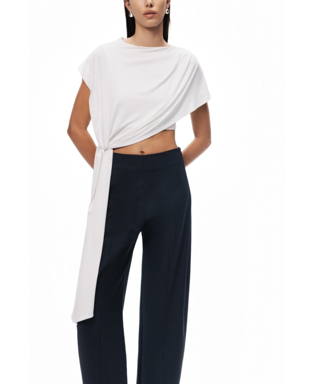 Click here for Nocturne Womens Asymmetric Tie-Front Crop Top - Op... prices