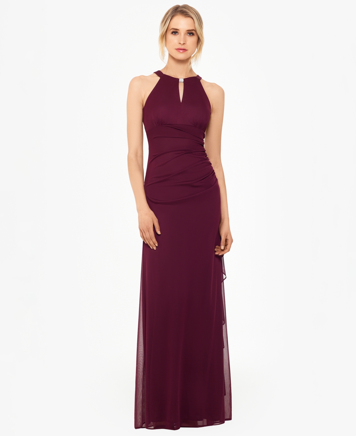 Click here for Betsy & Adam Petite Ruched Embellished Gown - Garn... prices