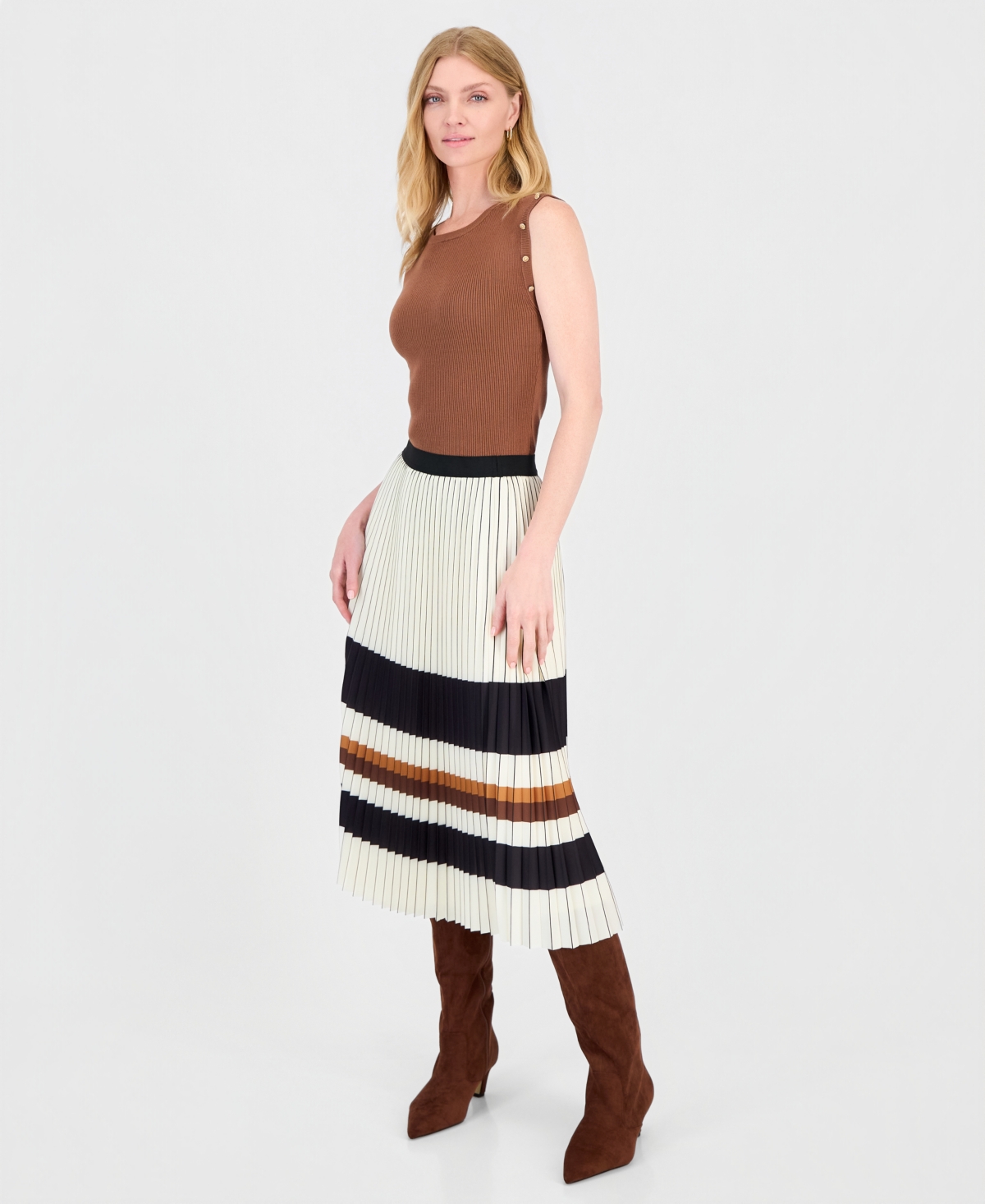 Click here for T Tahari Womens Pleated Pull-On Midi Skirt - Neutr... prices