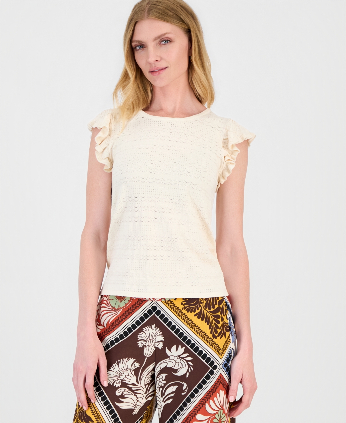 Click here for T Tahari Womens Flutter-Sleeve Pointelle-Knit Top... prices