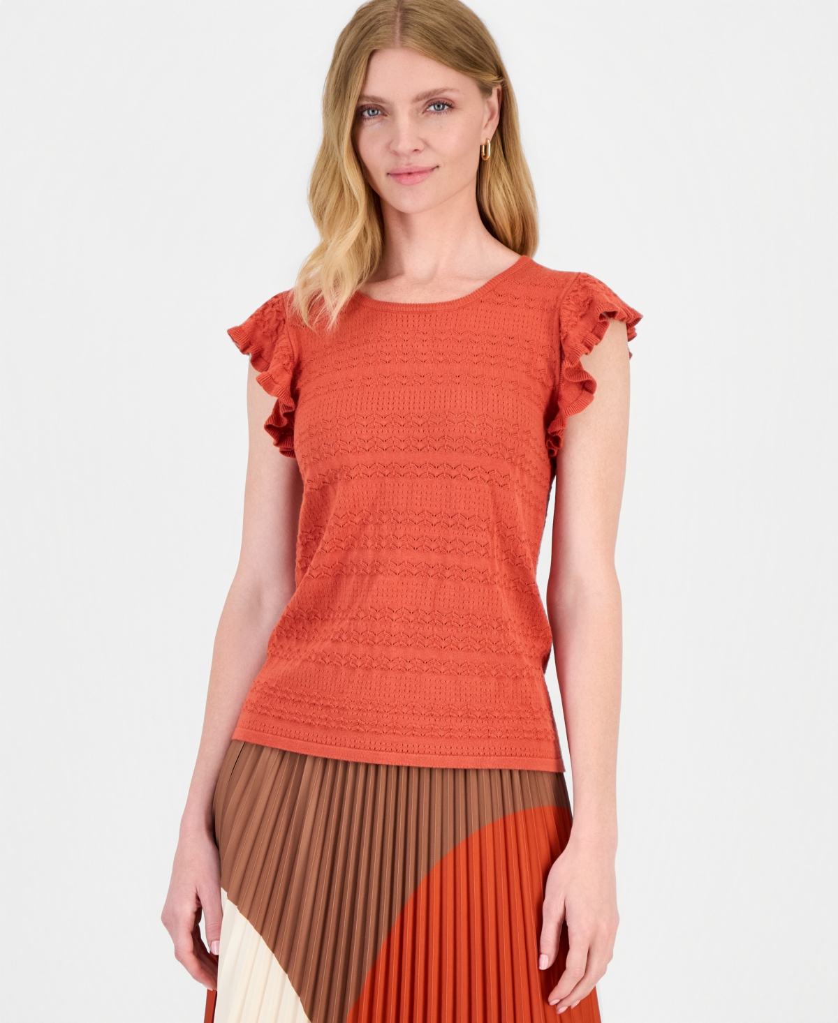 Click here for T Tahari Womens Flutter-Sleeve Pointelle-Knit Top... prices