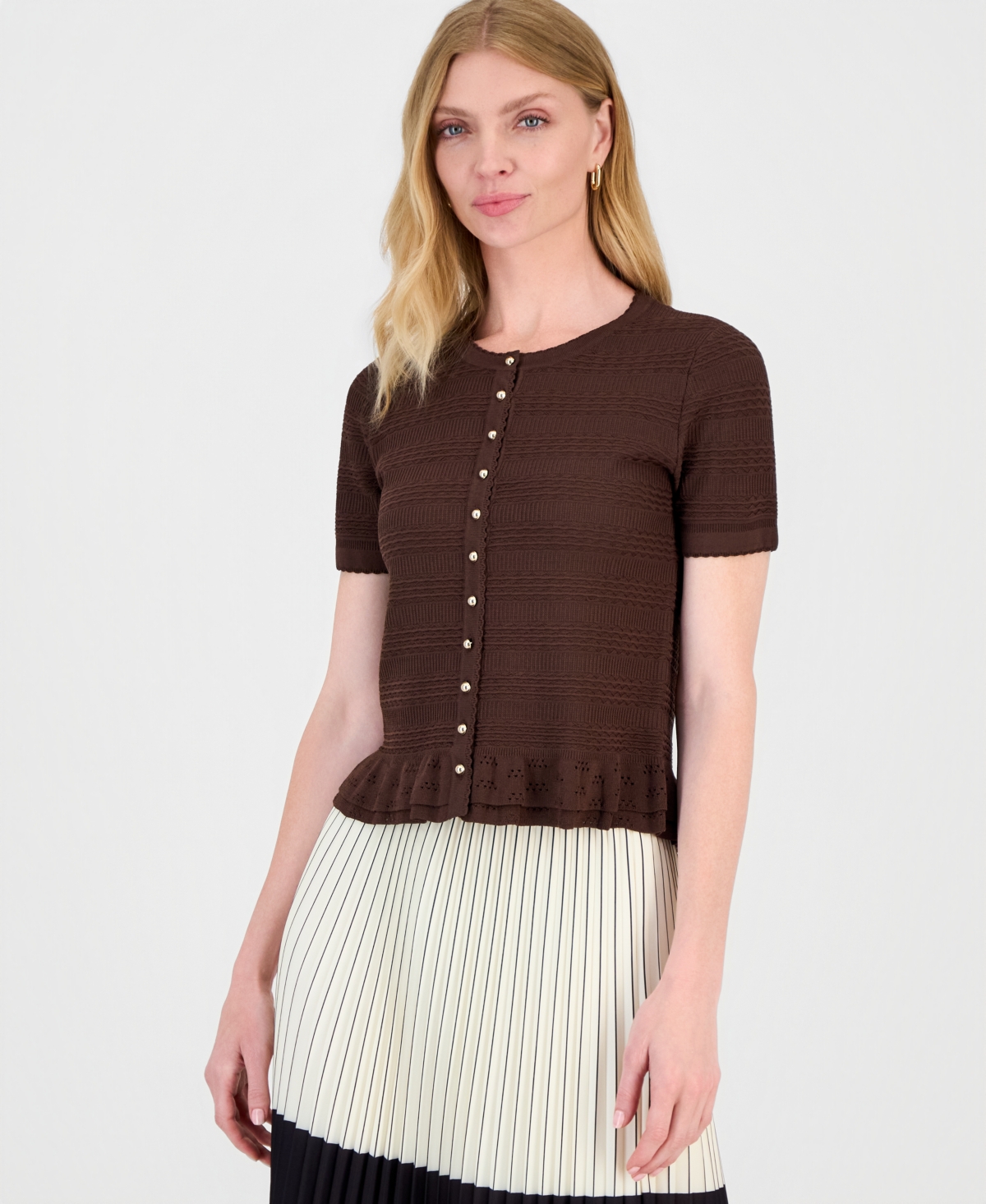 Click here for T Tahari Womens Textured Ruffled-Hem Cardigan - Co... prices