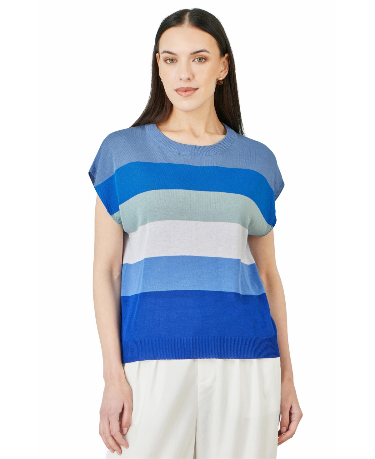 Click here for Yumi Womens Block Stripe Relaxed Knitted Top - Blu... prices