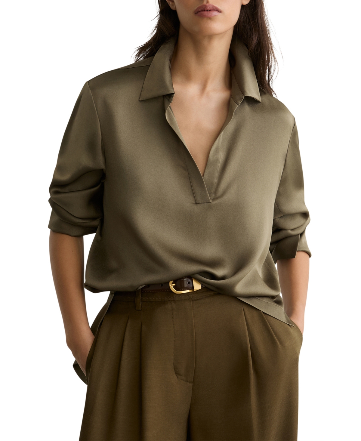 Click here for Reiss Womens Silk Open-Collar Blouse - Khaki Green prices