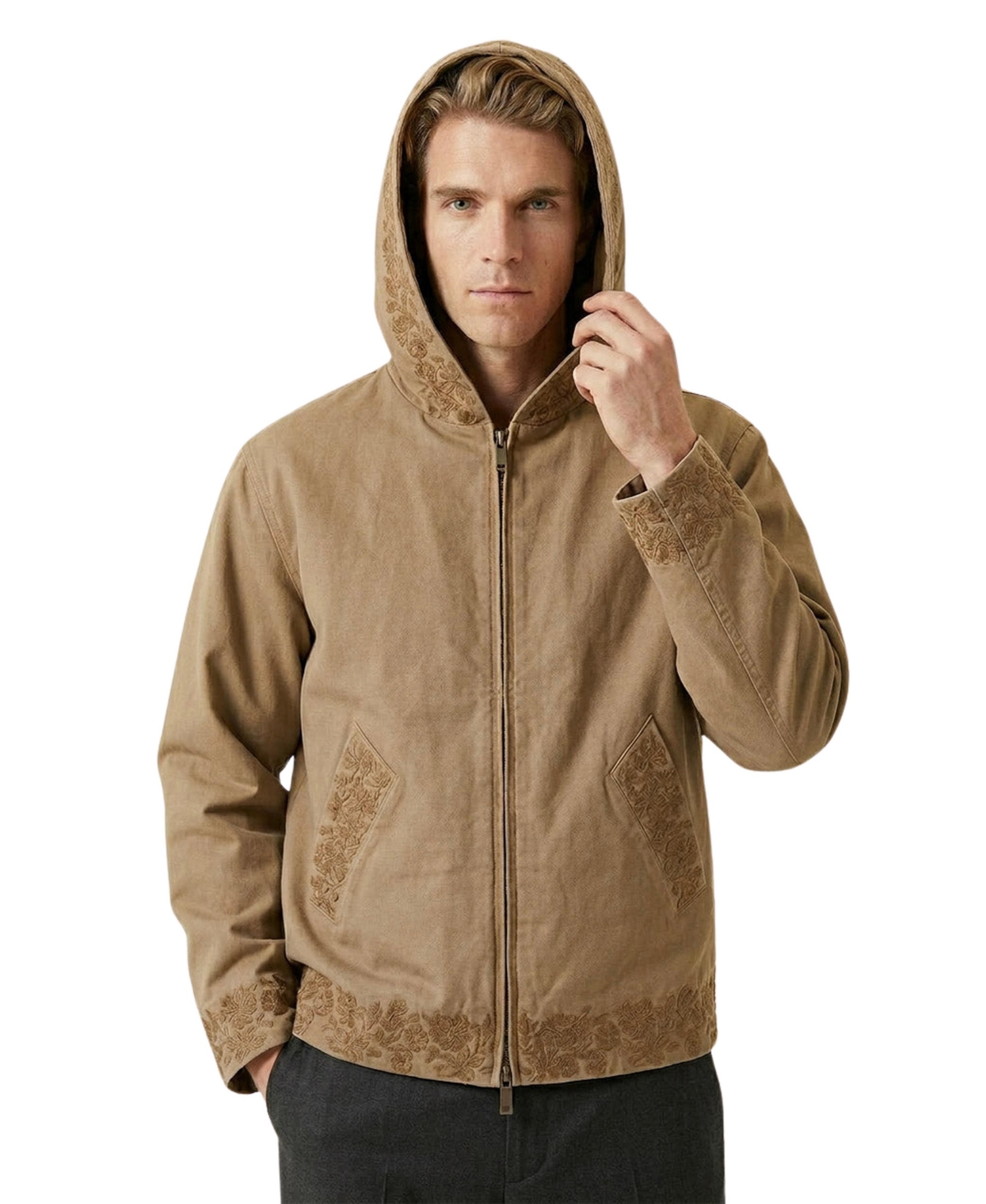 Click here for Modenaire Mens Embroidered Trim Zip-Front Hooded J... prices