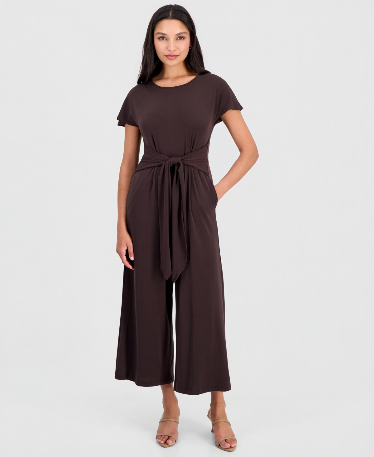 Click here for Robbie Bee Womens Round-Neck Tie-Waist Jumpsuit -... prices