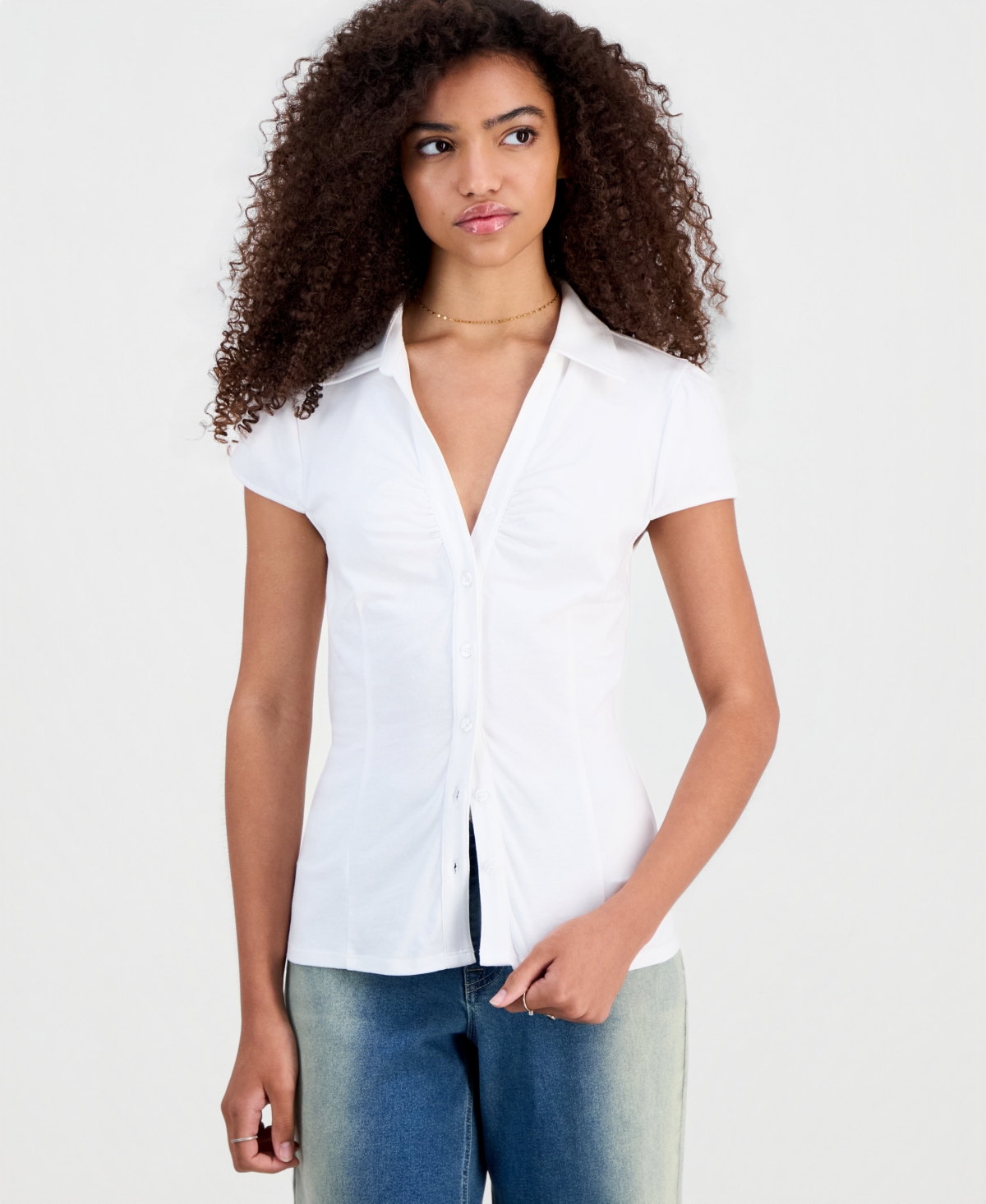 Click here for Madden Girl Juniors Ruched Cap-Sleeve Button-Front... prices