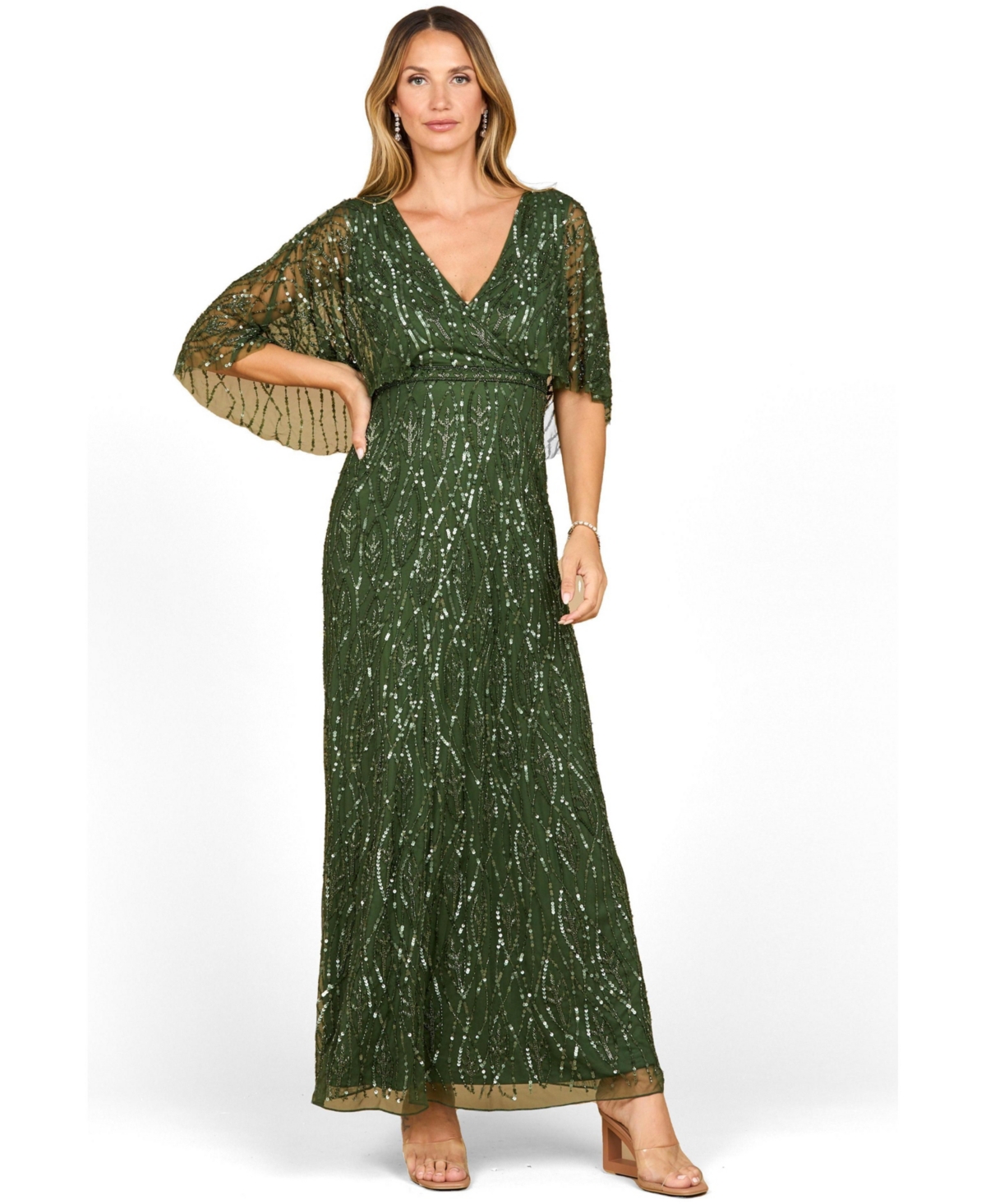 Click here for Lara Womens Beaded Gown with Half Cape - Emerald prices