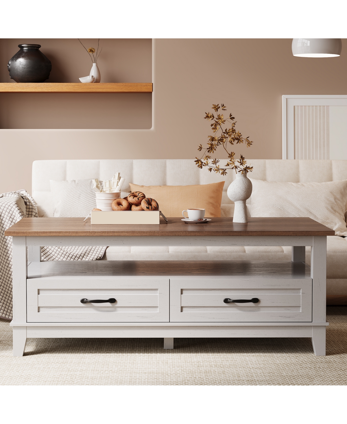 Click here for homfan Farmhouse Coffee Table With Drawers  47.2 C... prices