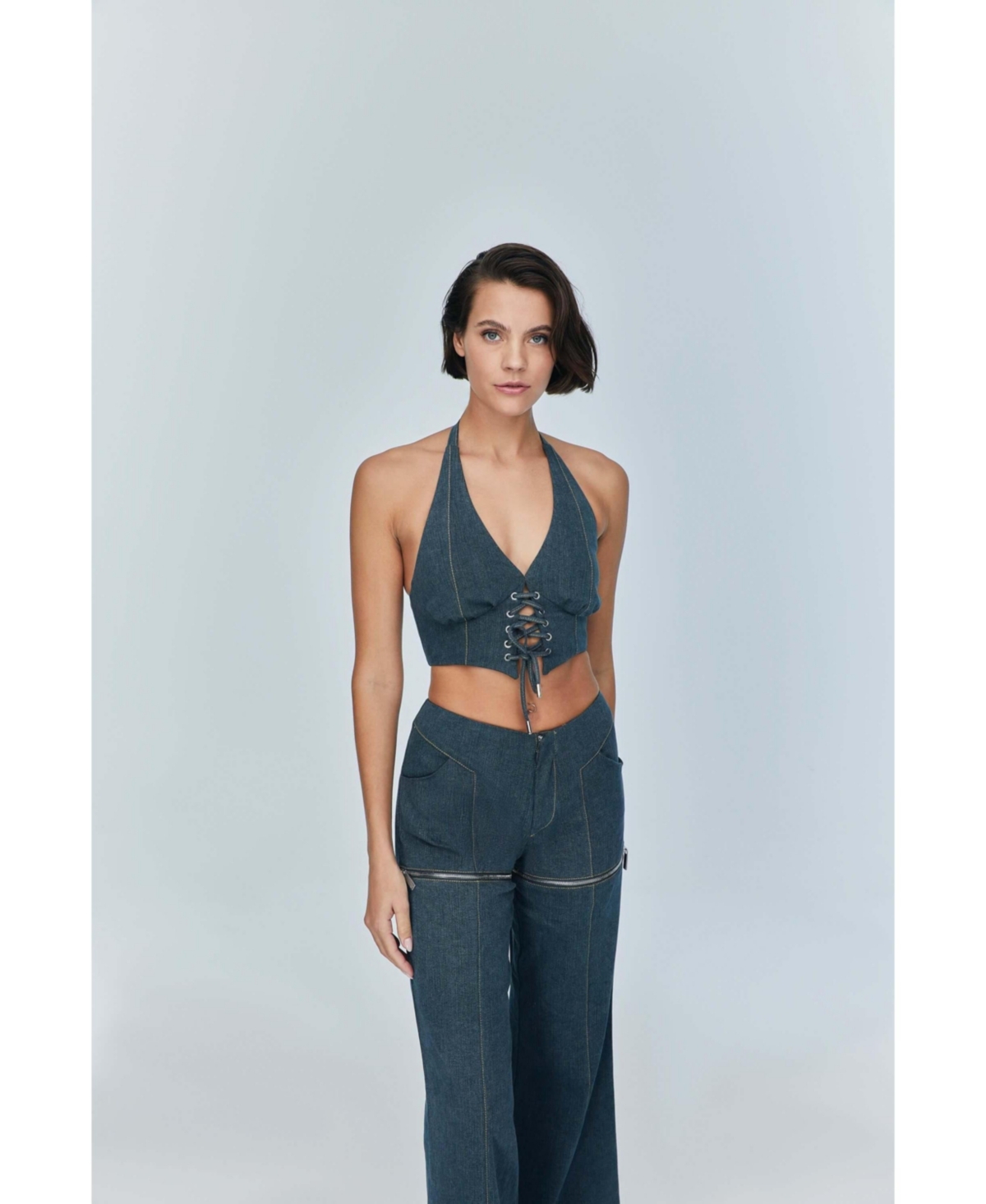 Click here for Jendue Womens Monte Denim Crop Top - Halter Neck a... prices